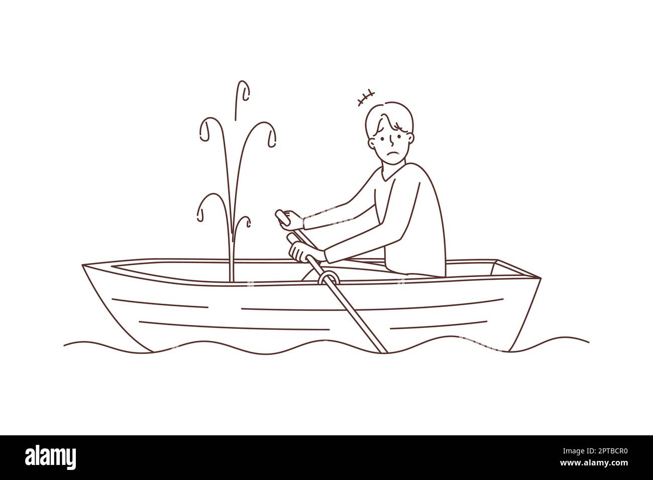 Stressed man rowing in boat see hole and water leaking. Unhappy ...