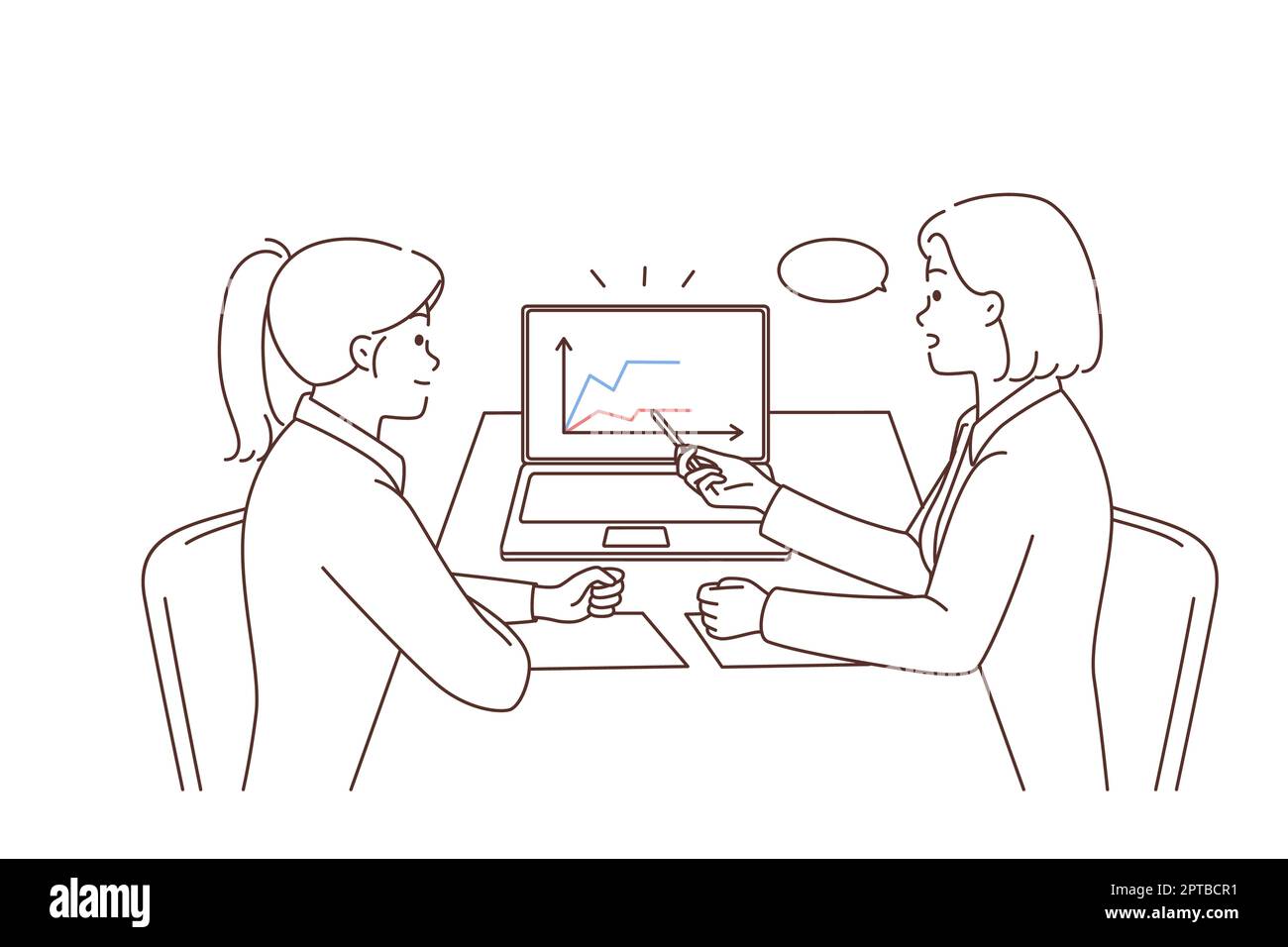 Businesswomen sit at desk discuss financial graphs on computer in ...
