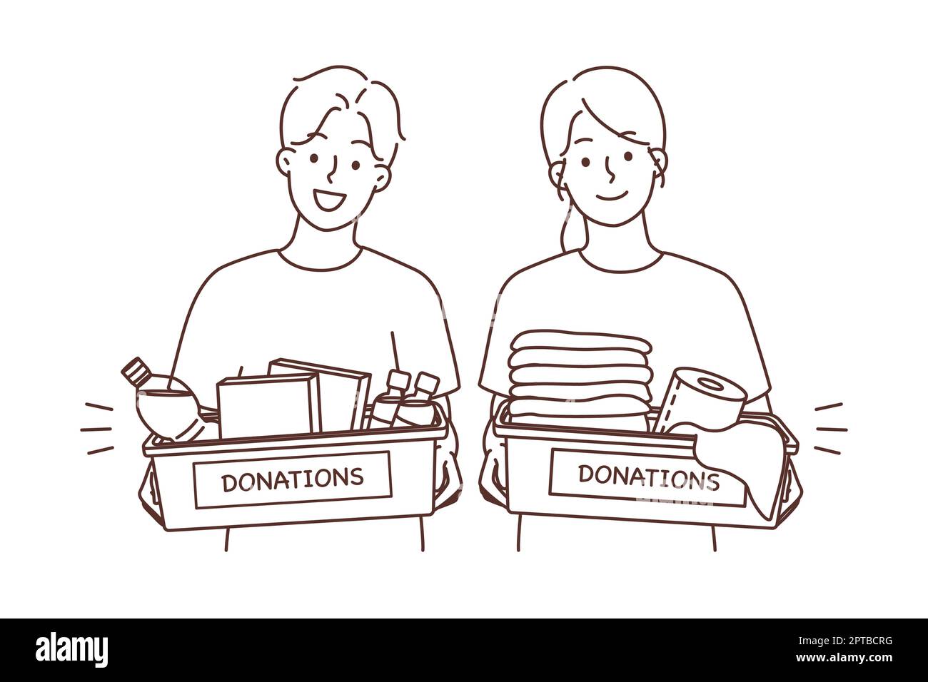 Smiling people with donations boxes. Happy volunteers holding packages ...