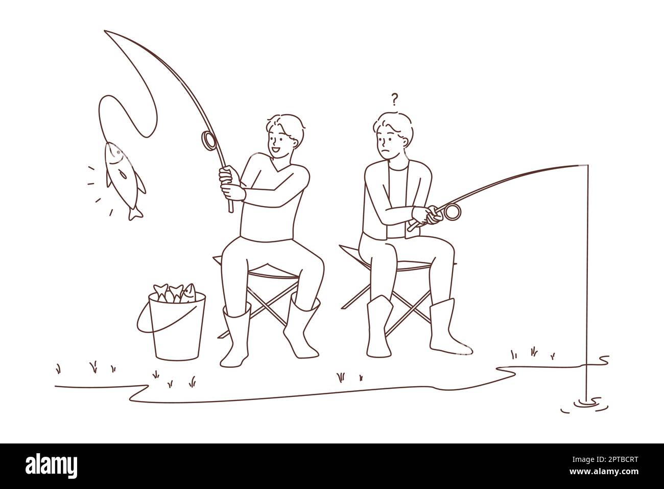 Men sitting on river bank fishing. Guy frustrated with friend fish ...