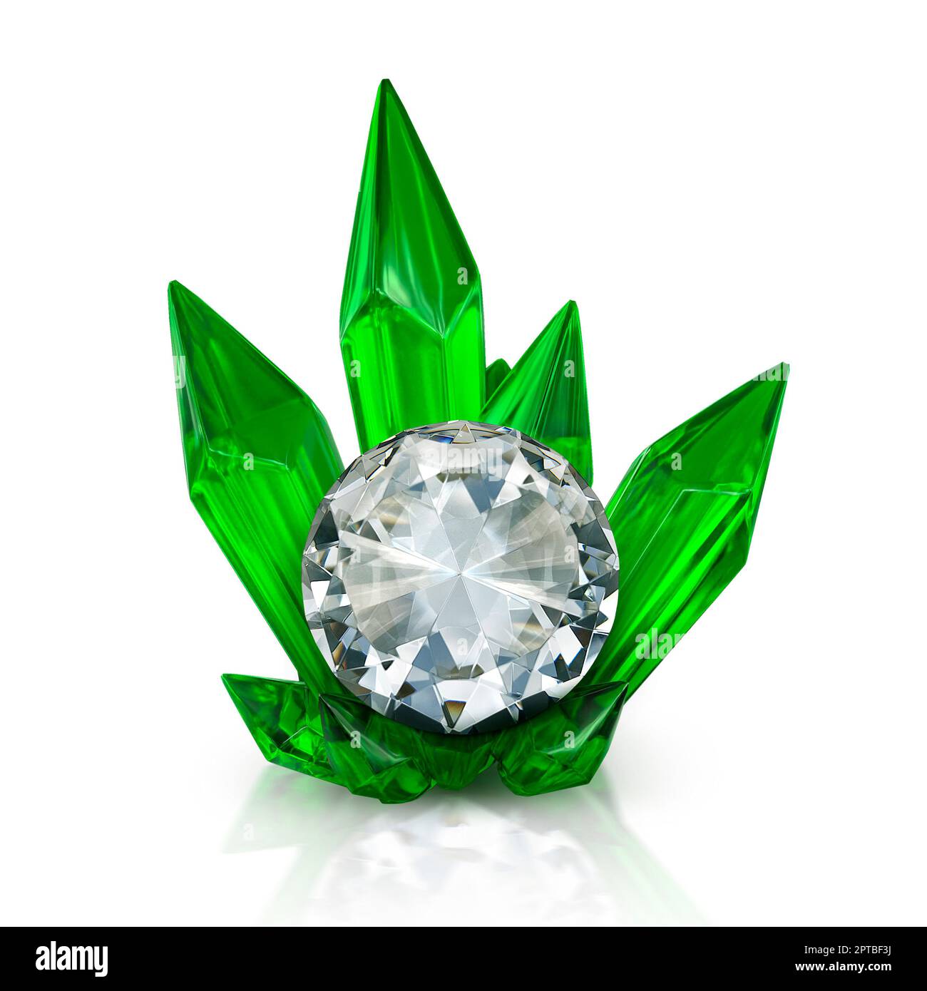 diamond on emerald green crystal isolated on white background. 3d ...