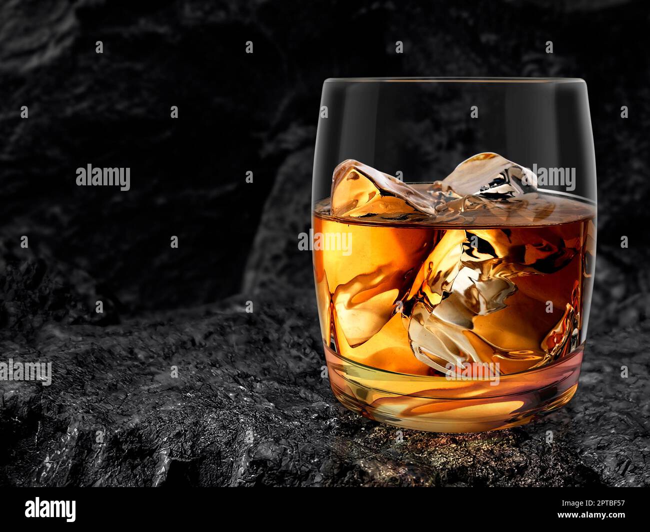 Glass of whiskey, nestled on black coal background. 3d render Stock ...