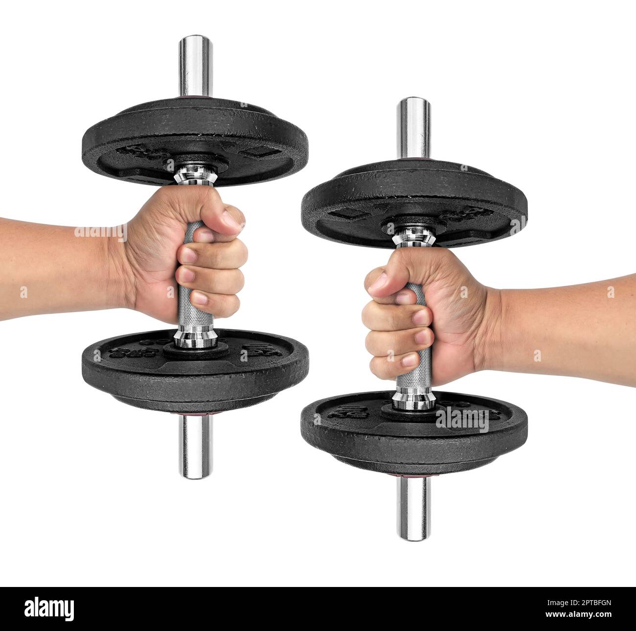 Hand holding dumbbell on isolated white background Stock Photo - Alamy
