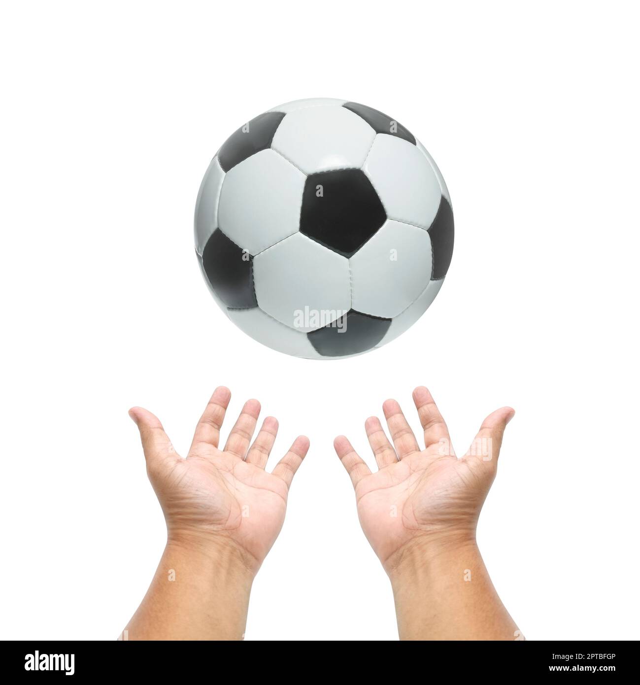 Hand holding football ball on white background Stock Photo - Alamy