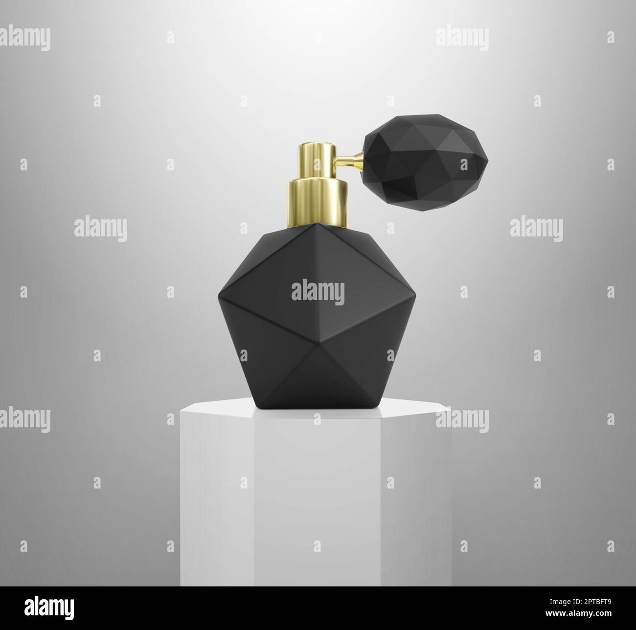Perfume bottle 3d render exhibit displays. Spotlight illuminates ...
