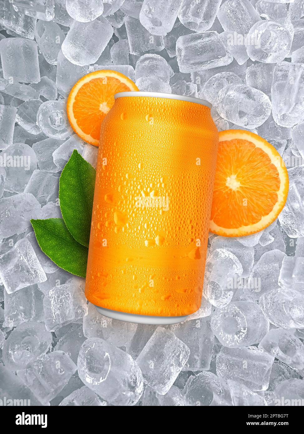 Aluminum orange soda can with fruits on ice cubes background Stock ...