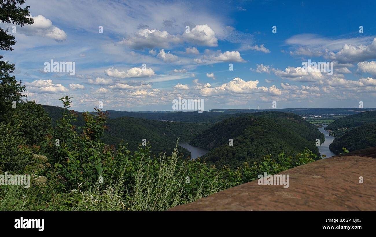 Saarschleife view from tree top walk tower. A lookout tower in Saarland ...