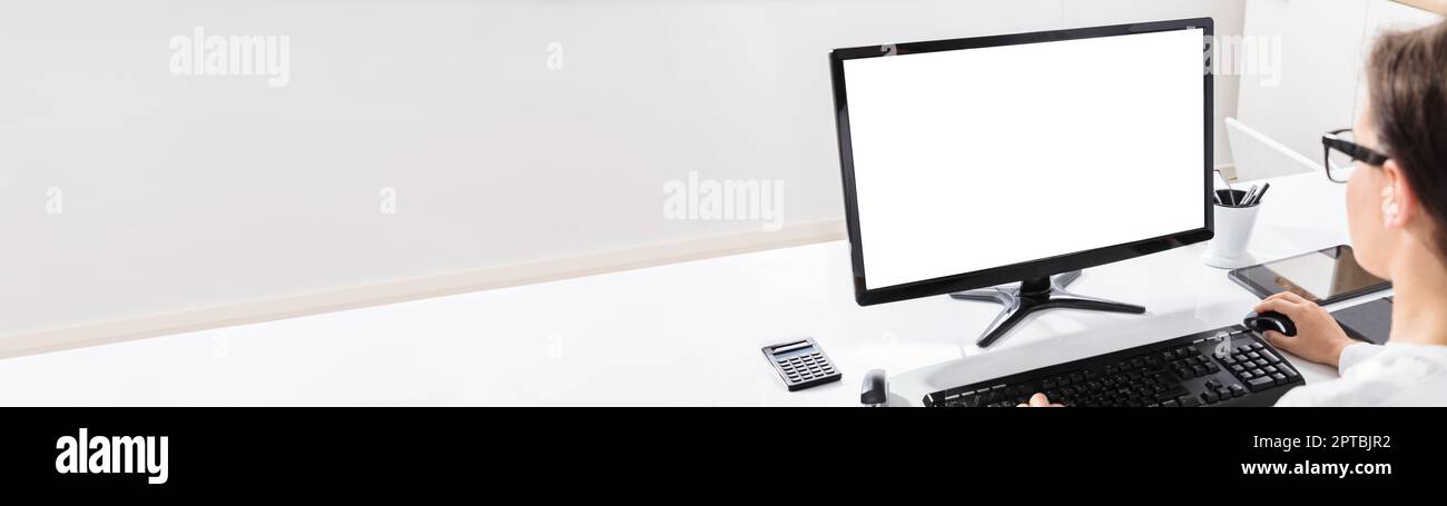 Using Blank Office Desktop Computer. Empty PC Screen Stock Photo - Alamy
