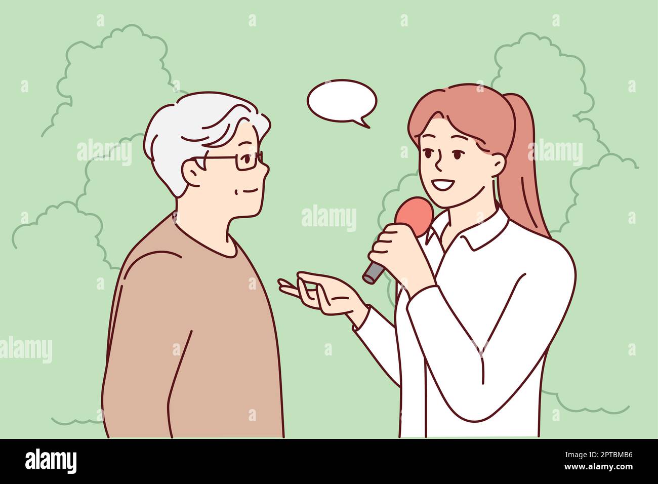 Female journalist with microphone interview elderly man in park. Woman ...