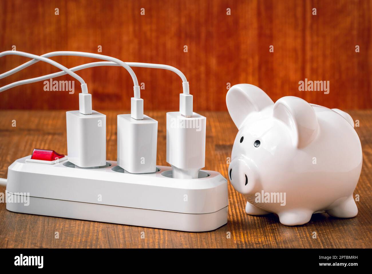 Piggy bank next to an electrical socket, an extension cord with a ...