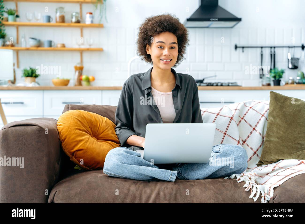 Positive lovely stylish young woman, african american, student ...