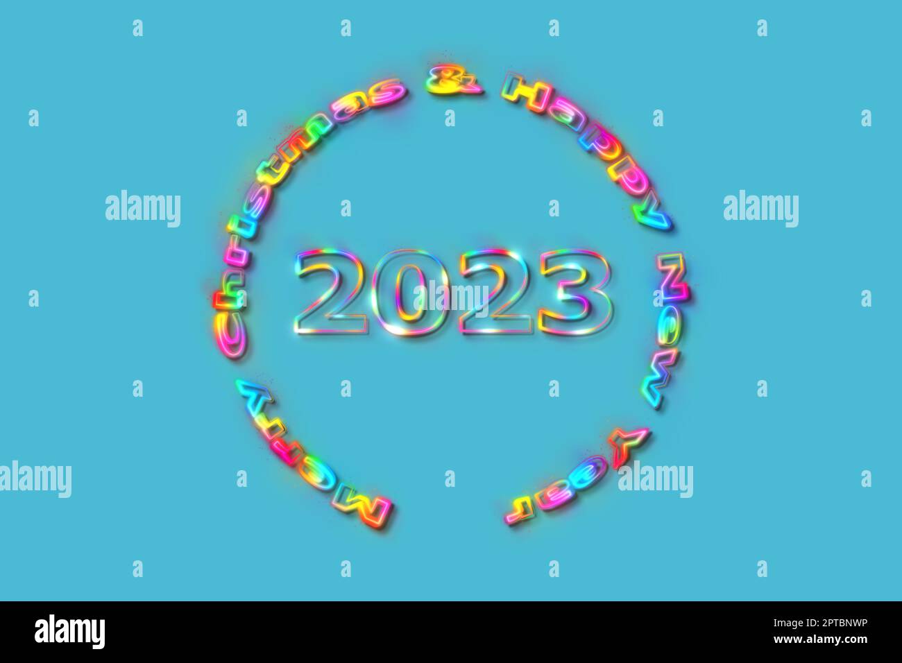 3D illustration New Year concept 2023 design with text glow rainbow ...