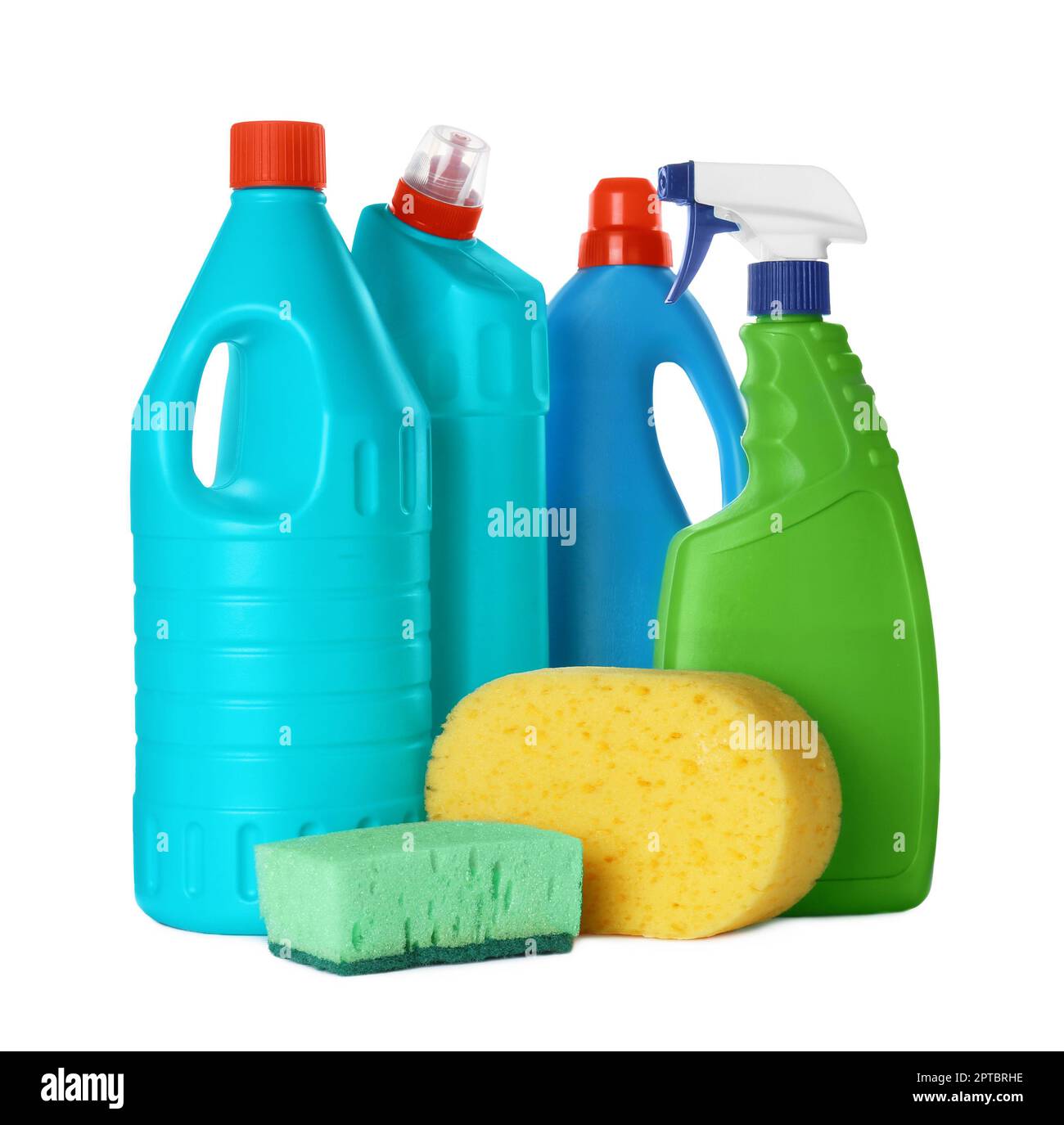 Different cleaning supplies and tools on white background Stock Photo ...