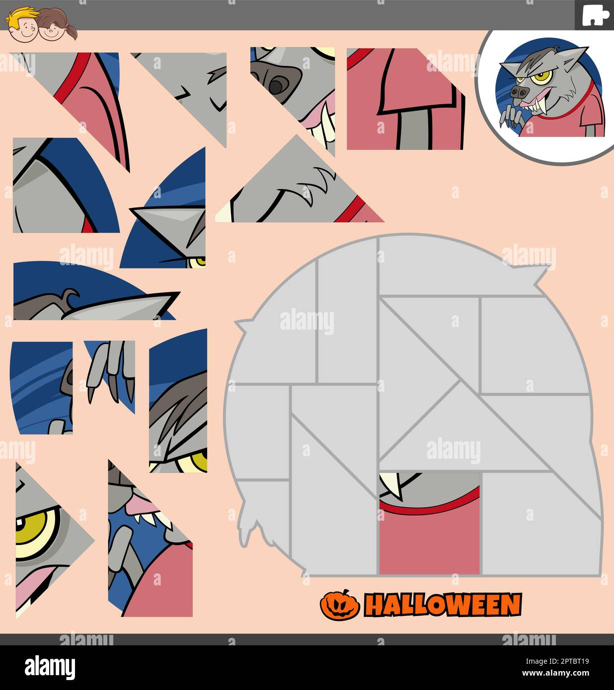jigsaw puzzle with cartoon werewolf character on Halloween Stock Vector ...