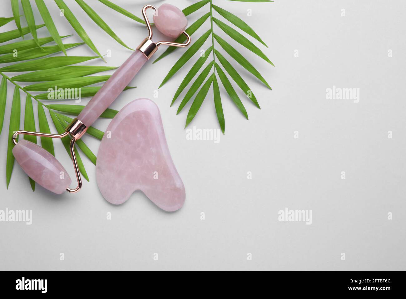 Gua sha stone, face roller and green leaves on light background, flat ...
