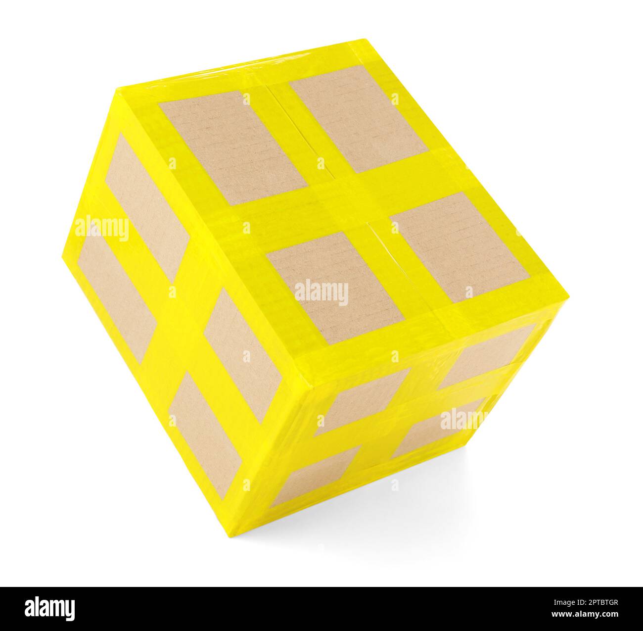 Cardboard parcel box with yellow sticky tape on white background Stock ...