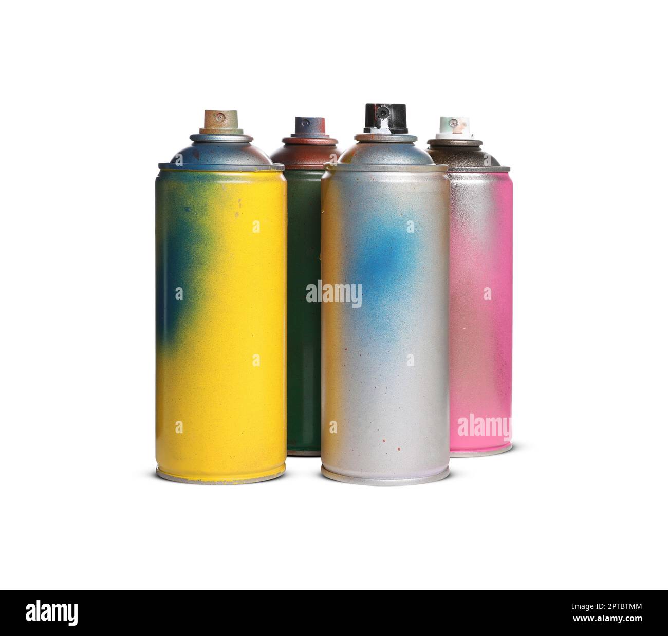 Used cans of spray paints on white background Stock Photo - Alamy