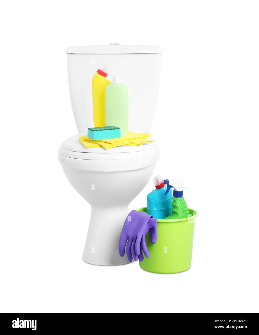 Toilet bowl and different cleaning supplies on white background Stock ...
