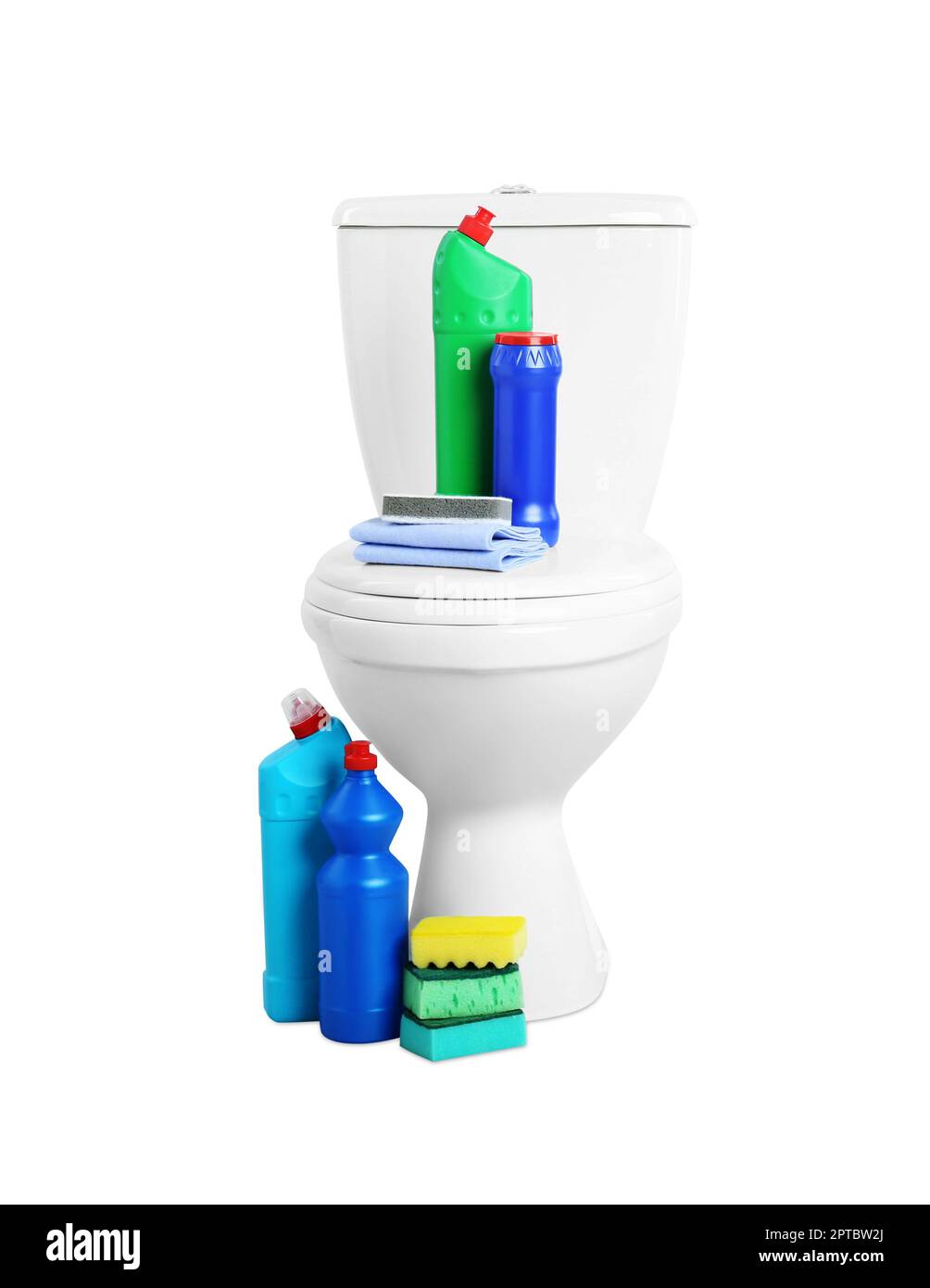 Toilet bowl and different cleaning supplies on white background Stock ...