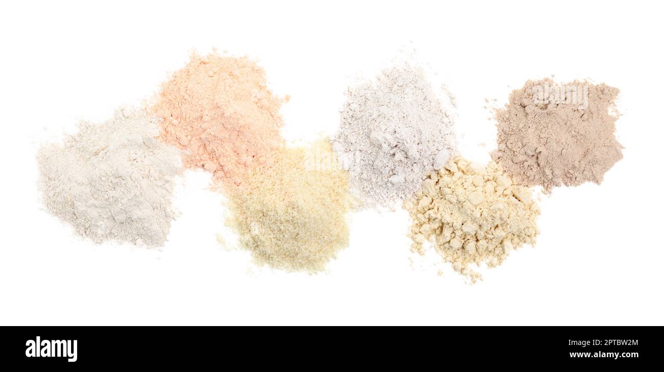 Different types of flours on white background, top view Stock Photo - Alamy