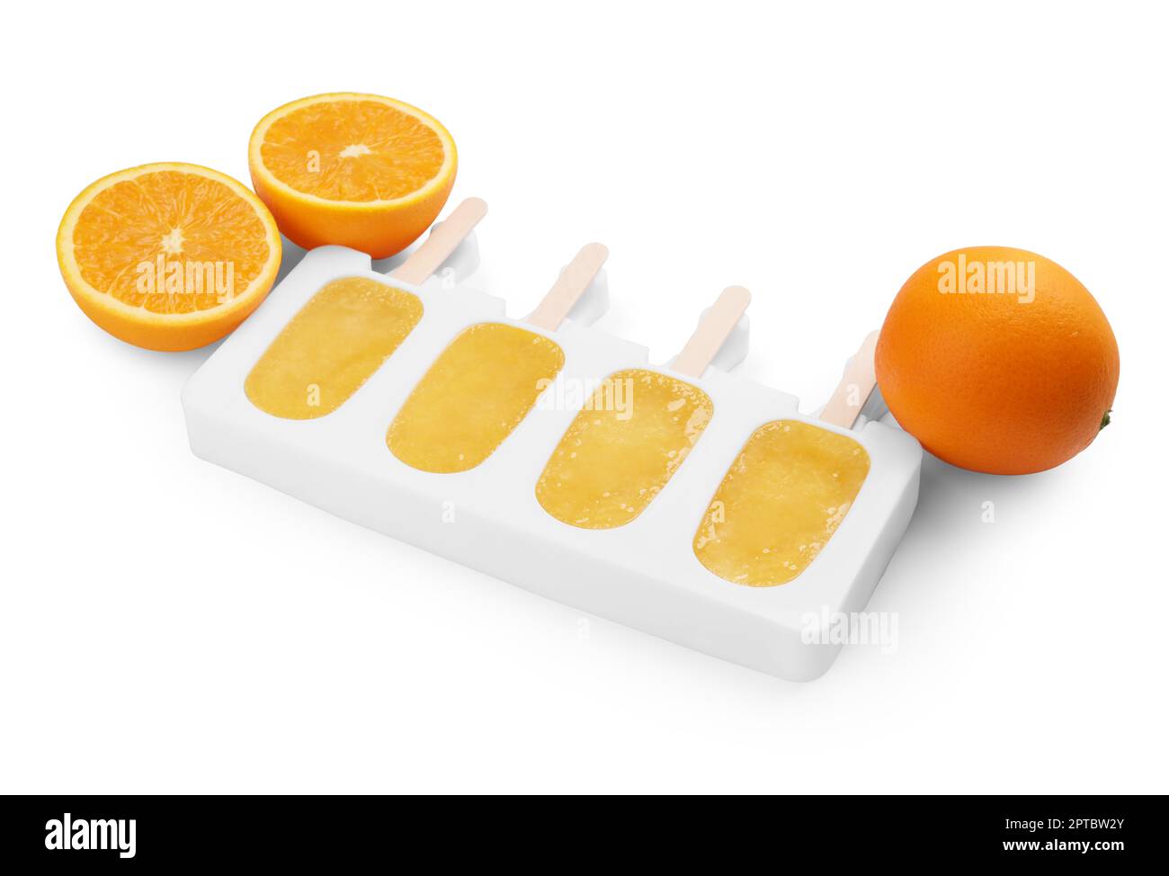 Tasty orange ice pops in mold isolated on white. Fruit popsicle Stock ...