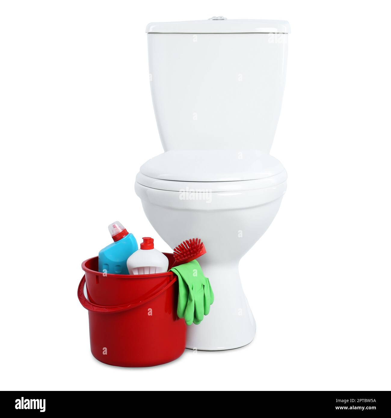 Different cleaning supplies near toilet bowl on white background Stock ...