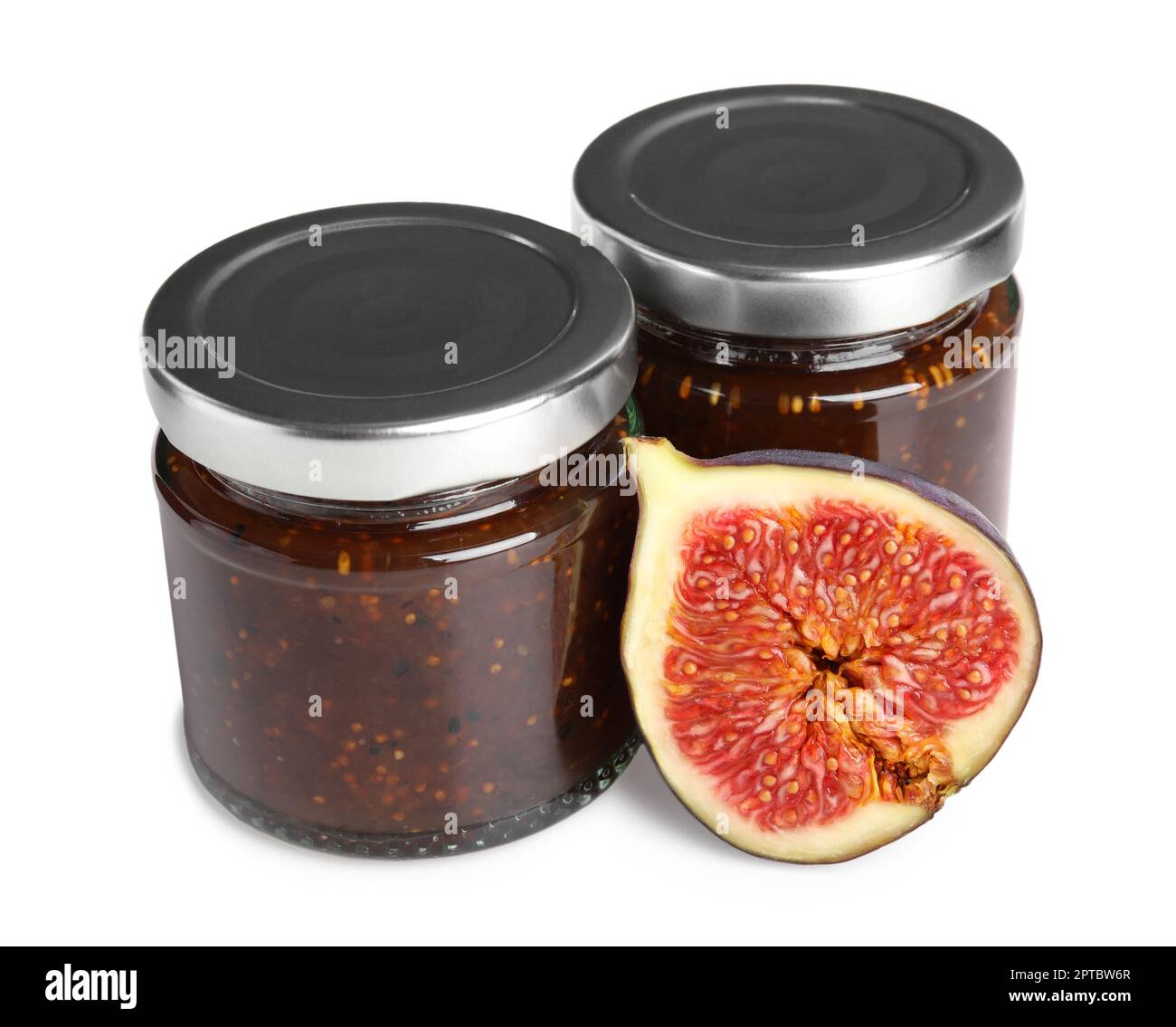 Glass jars of tasty sweet fig jam isolated on white Stock Photo - Alamy