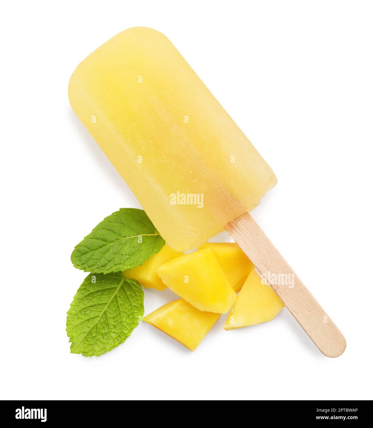 Tasty mango ice pop isolated on white, top view. Fruit popsicle Stock ...