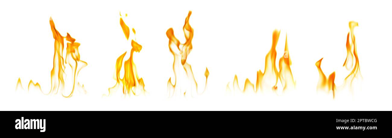 Set with beautiful bright fire flames on white background. Banner ...
