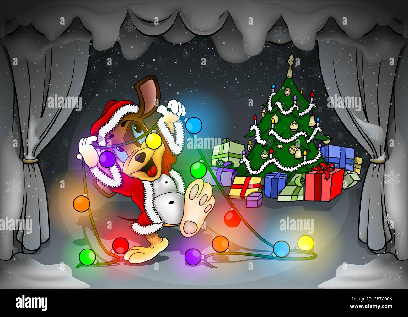 Cartoon Christmas Card with a Snowy Theater Scene with a Doggy in a ...