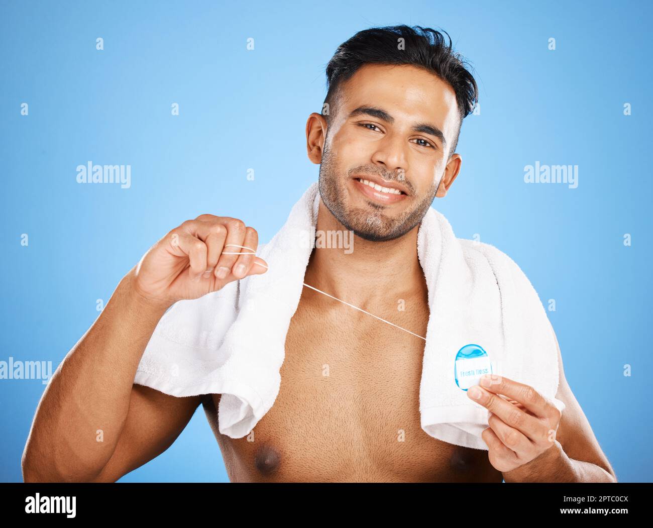 Dental care, floss and man cleaning teeth for oral hygiene routine ...