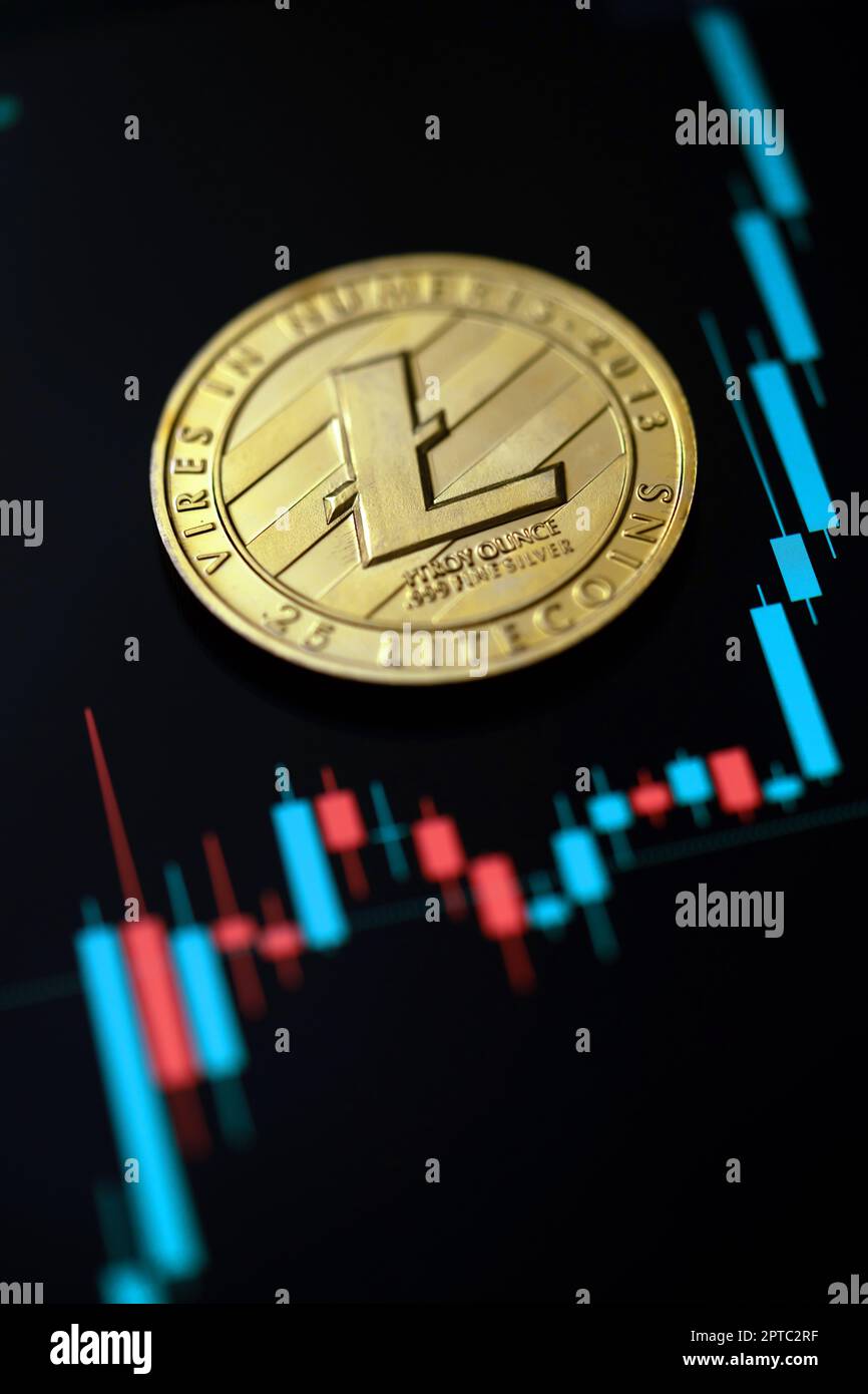 Gold Litecoin cryptocurrency with candle stick graph chart and digital ...