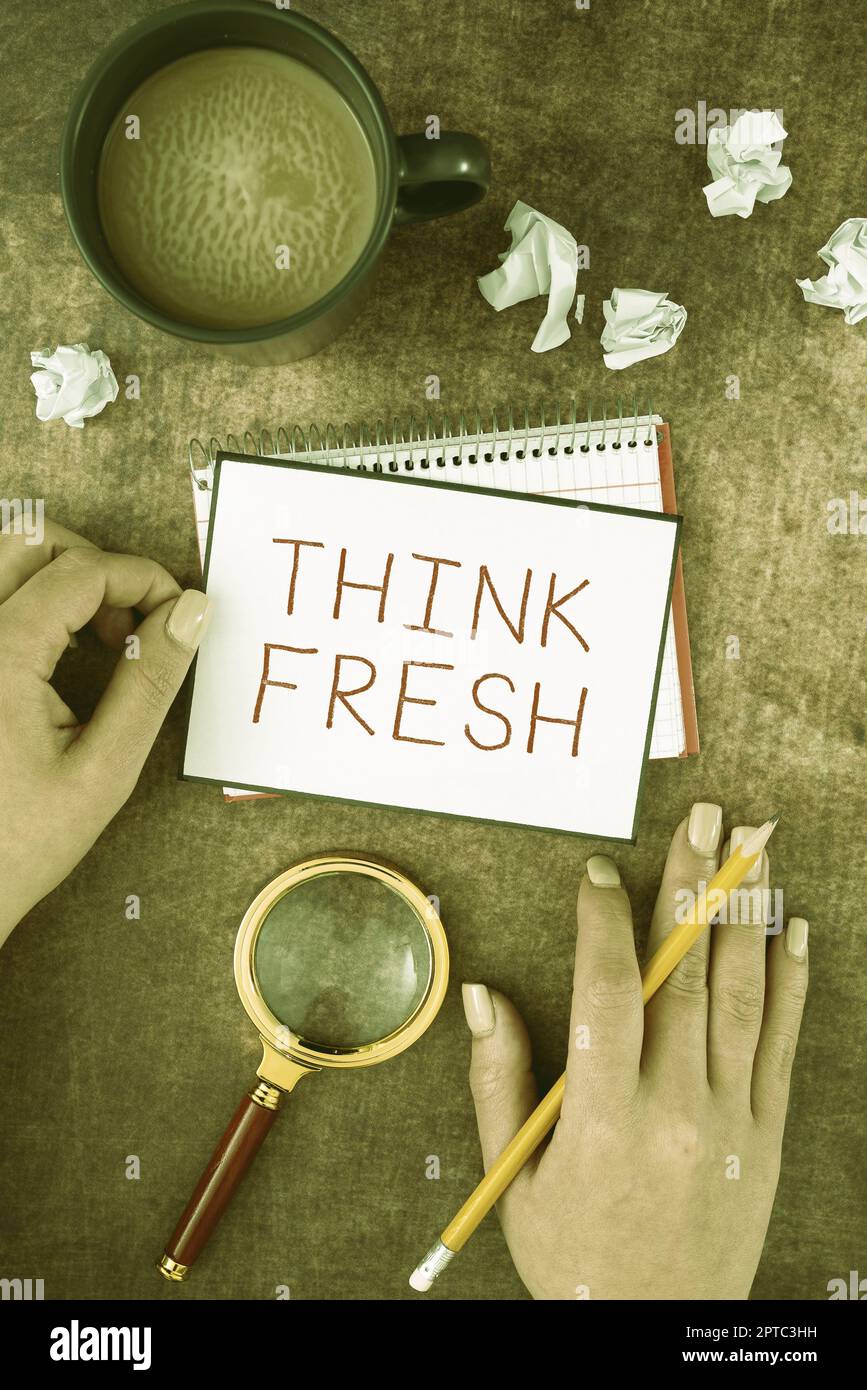 Hand writing sign Think Fresh, Business showcase Business manufacturing ...