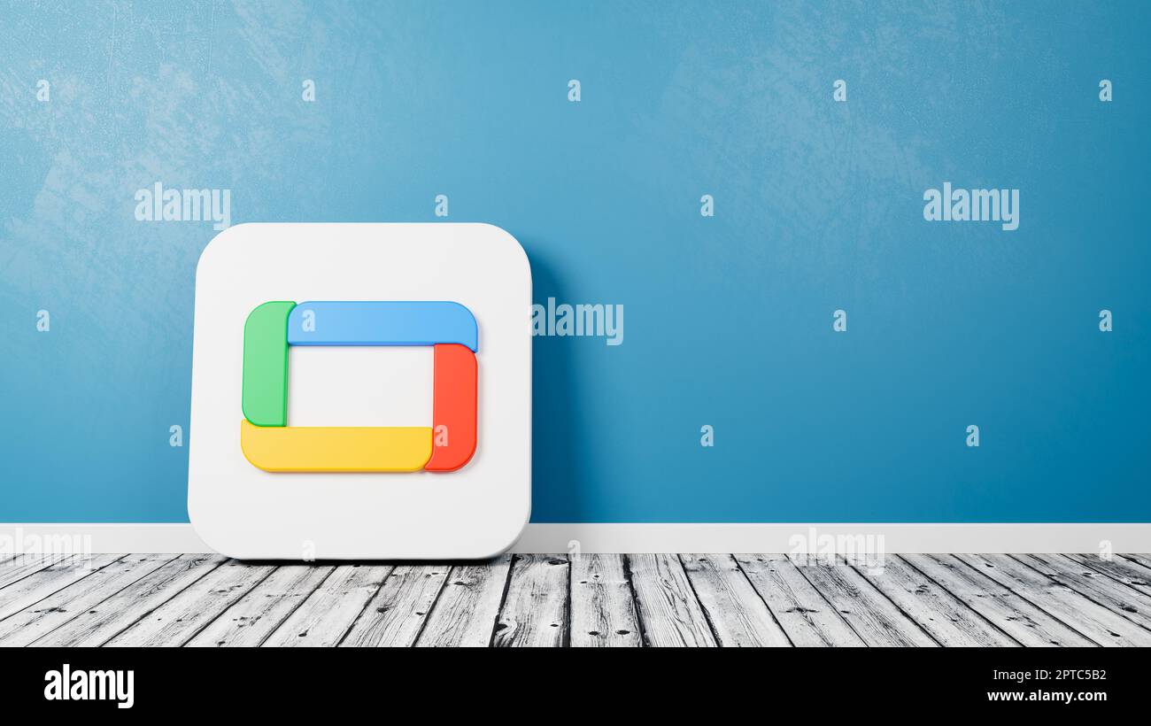 Google TV Logo 3D Symbol Shape on Wooden Floor Against Blue Wall with ...