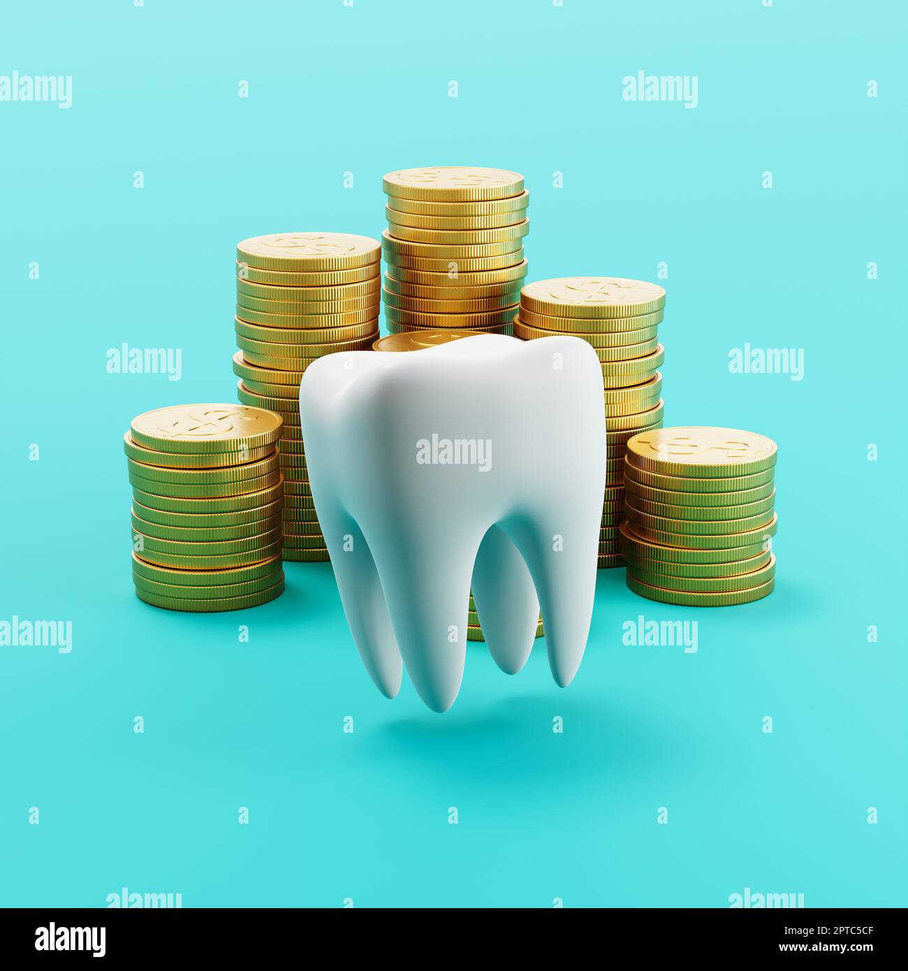 Single White Tooth ahead of Stacks of Golden Coins on Blue Background ...