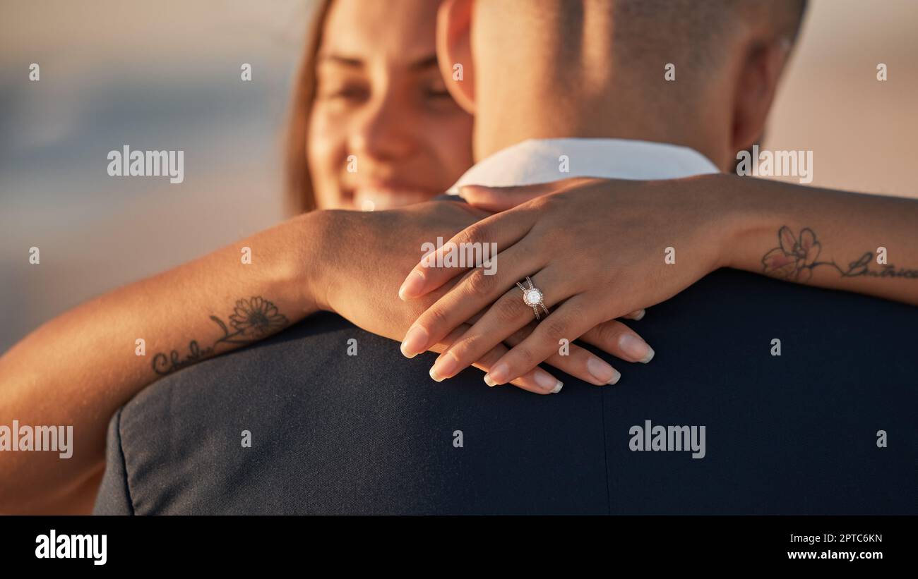 Wedding, love and couple hug with ring, happiness and celebration for ...