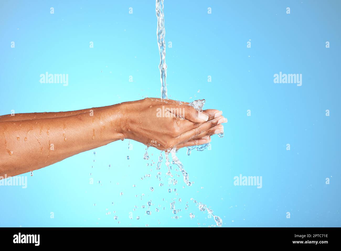 Hands, water and woman in studio for cleaning, washing hands and safety ...