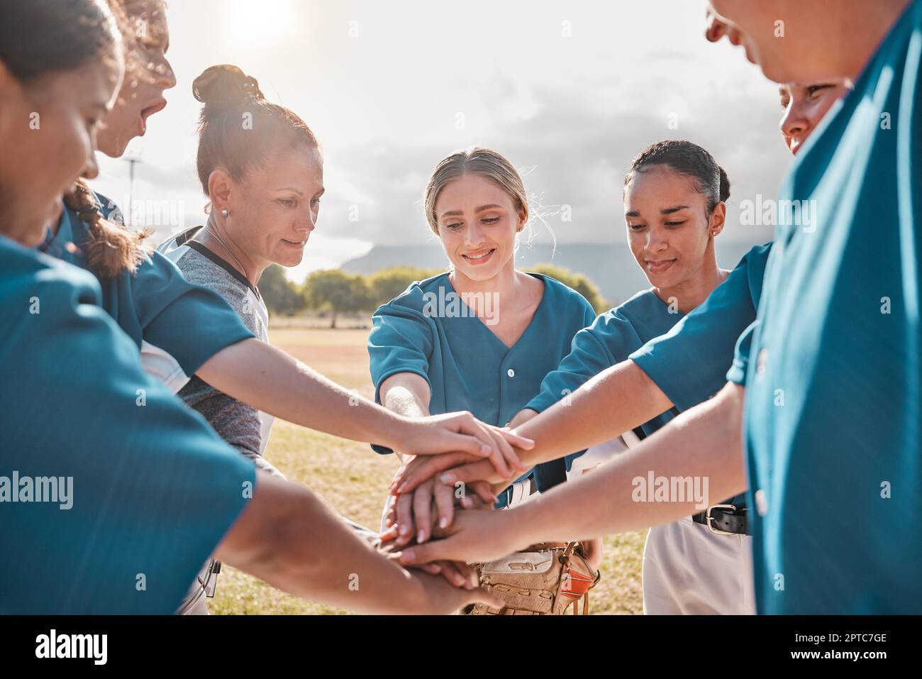 Women support, baseball hands and sports game on field, team ...