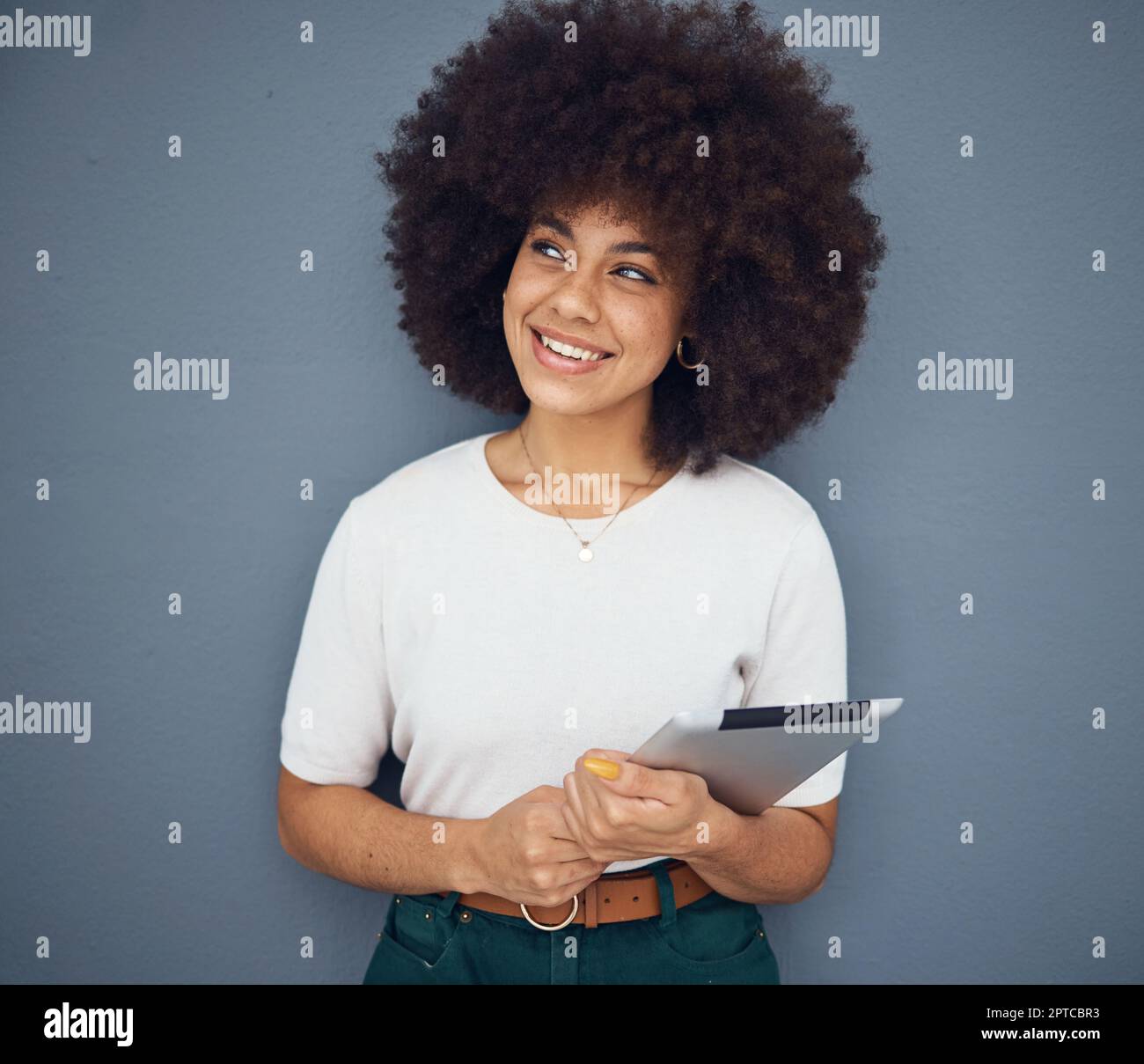 Black woman afro, tablet thinking and studio background for digital marketing on internet app ...