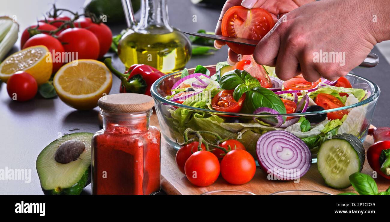 Preparation of a vegetable salad from fresh organic ingredients Stock ...