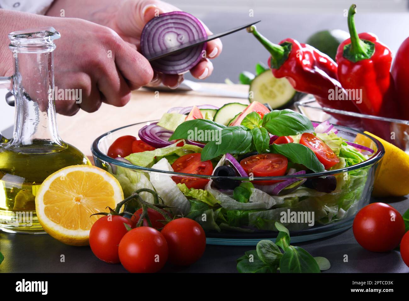 Preparation of a vegetable salad from fresh organic ingredients Stock ...