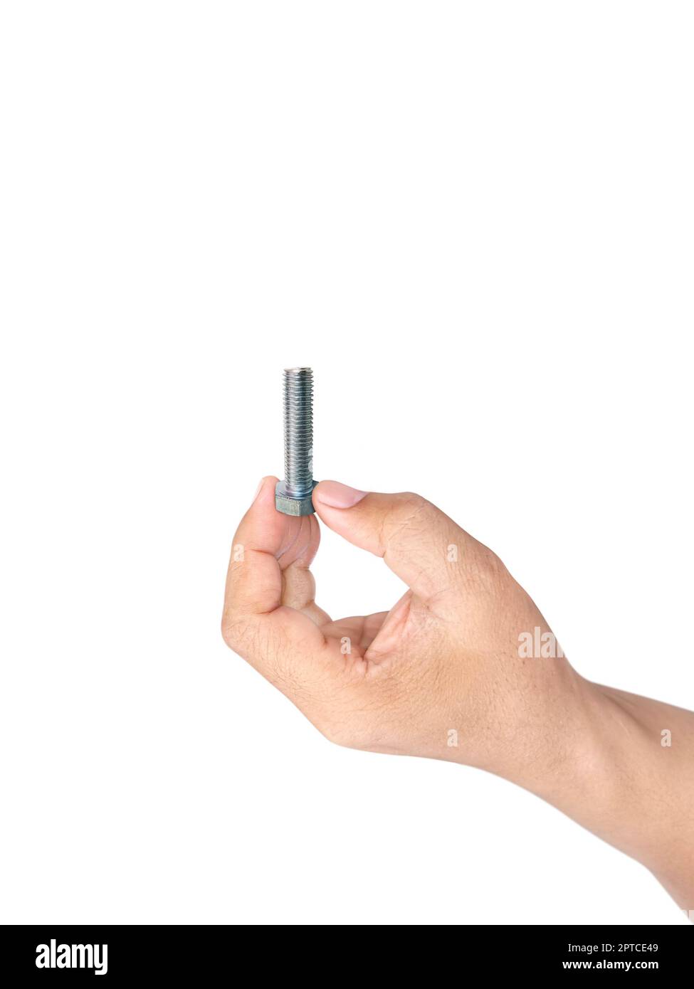 screw in a man's hand on a white background Stock Photo - Alamy