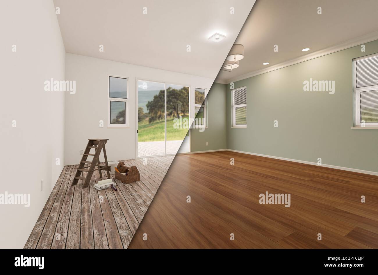 Unfinished Raw and Newly Remodeled Room of House Before and After with ...