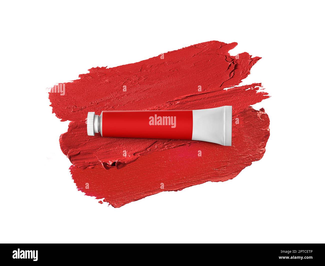 Color tube on red brush stroke isolated over white background Stock ...
