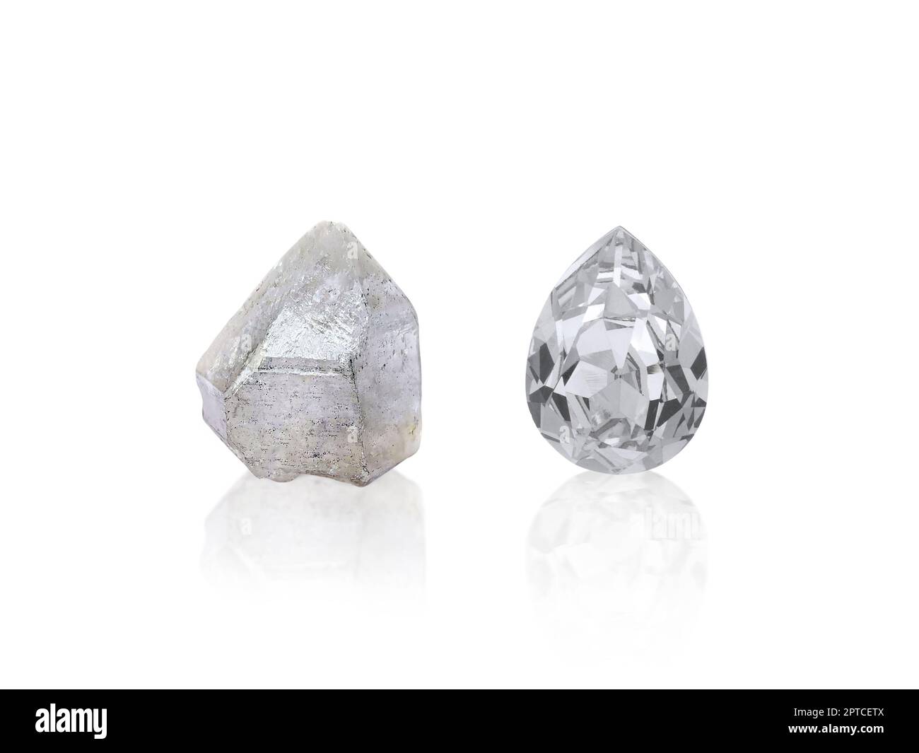 Dazzling diamond before and after uncut on white background Stock Photo ...