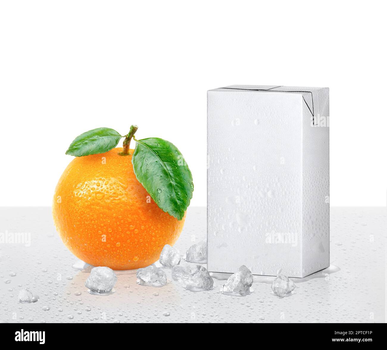 Fresh orange fruits and Packages box having drops water Stock Photo - Alamy