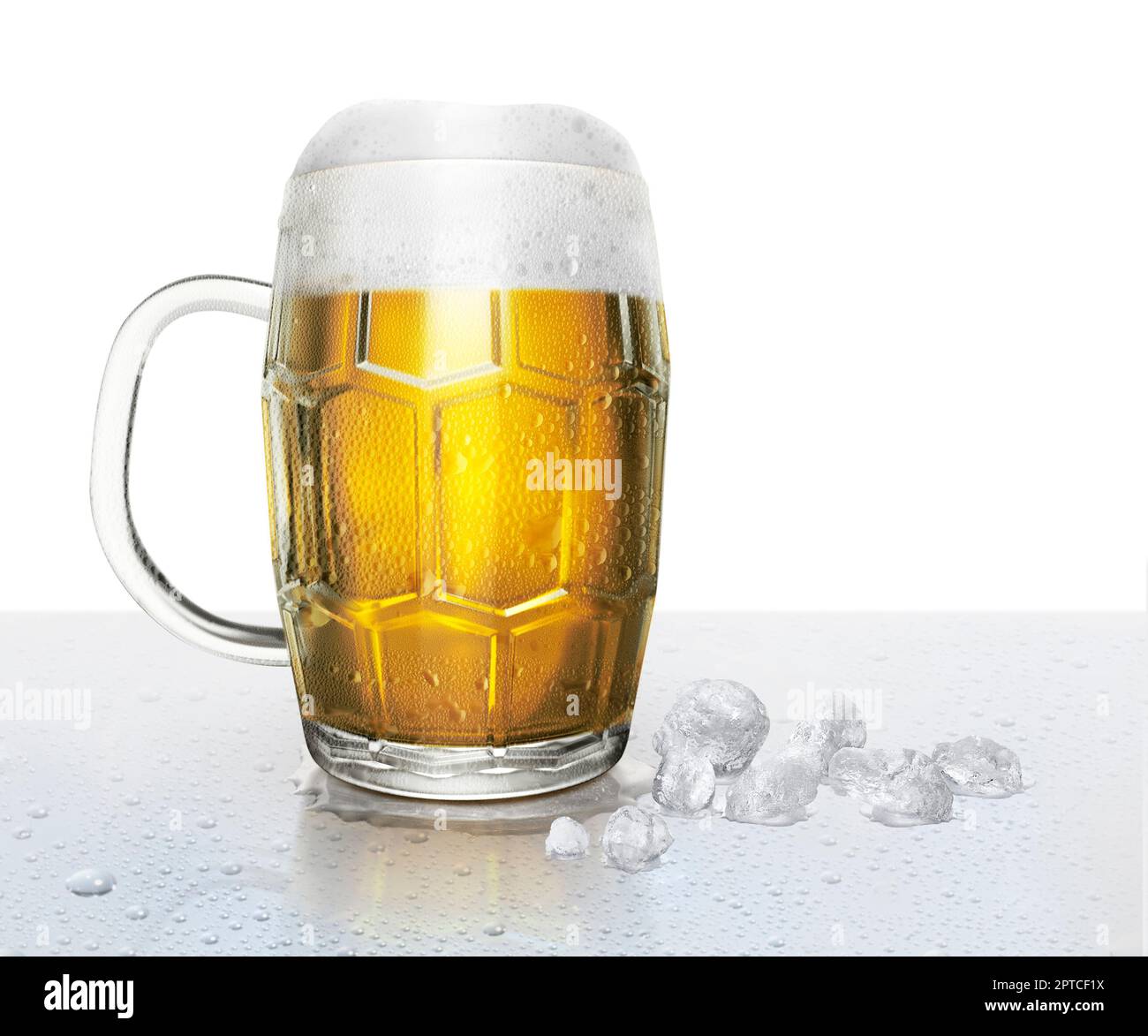beer glass with water drops and ice cubes on white background Stock ...