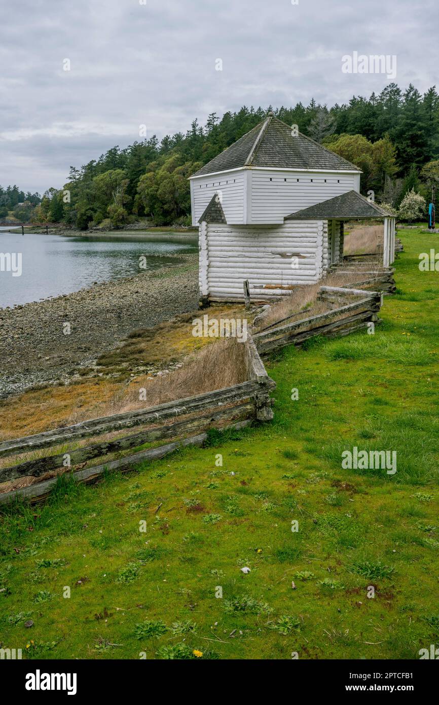 View of the blockhouse with a zigzag split rail fence at the English ...