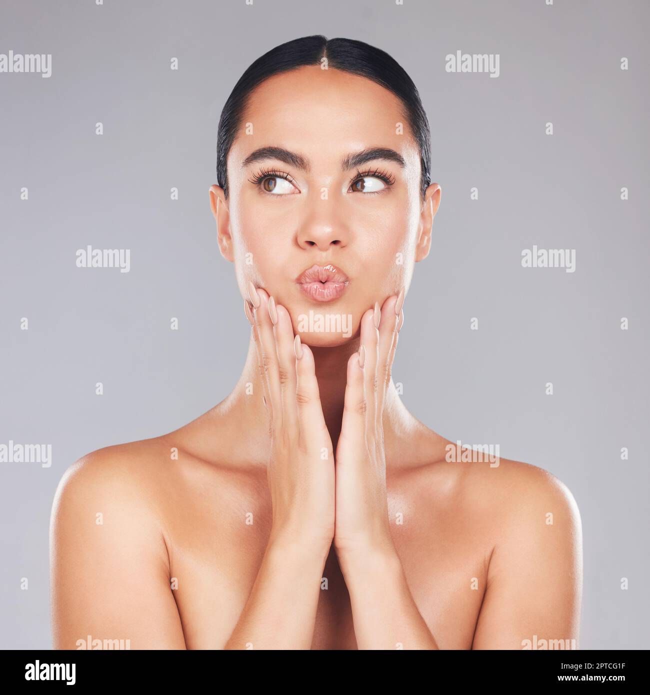 Skincare, lips care and beauty woman with facial cosmetics, luxury ...