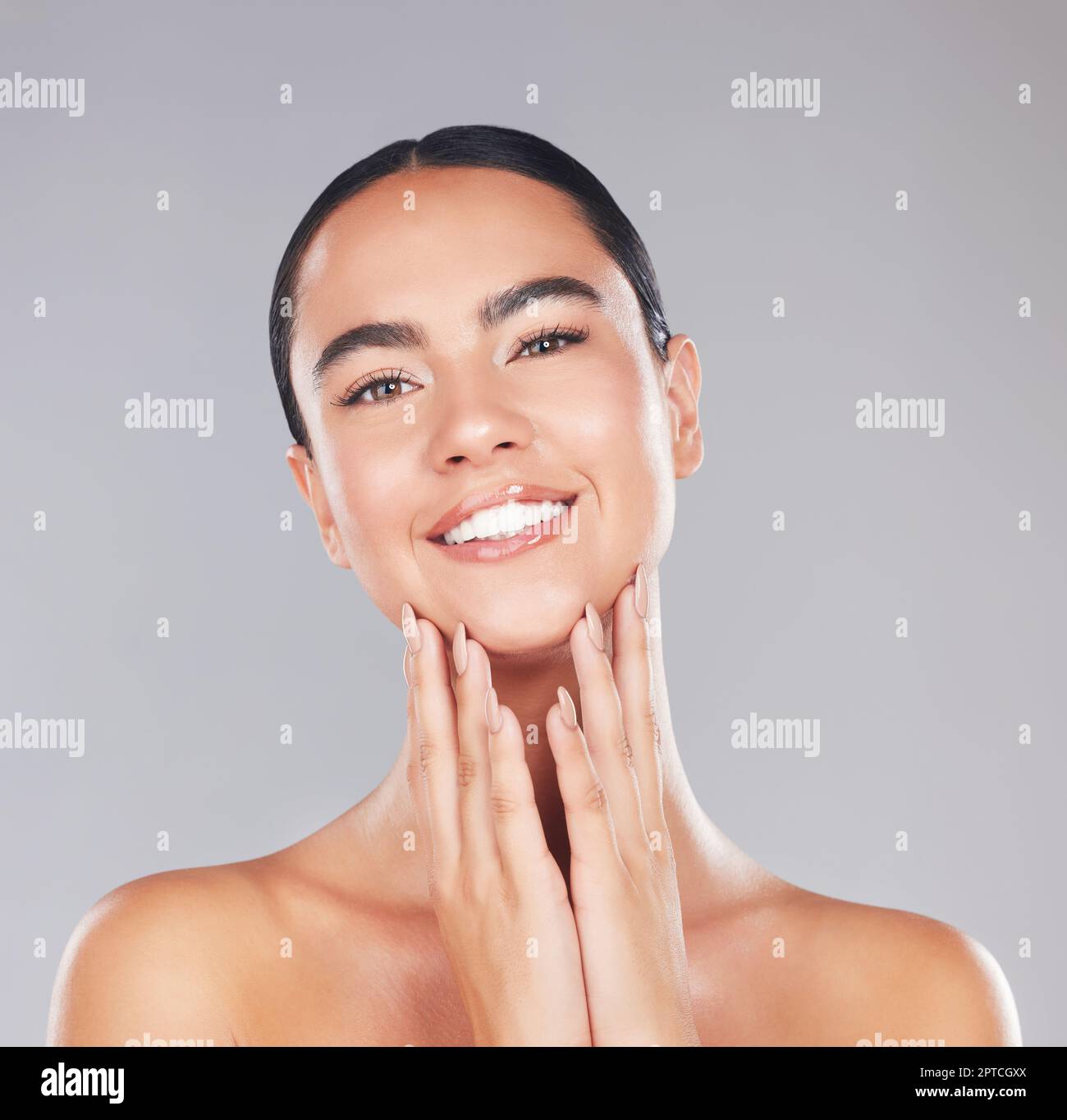 Happy woman, skincare and beauty, natural makeup and facial wellness ...